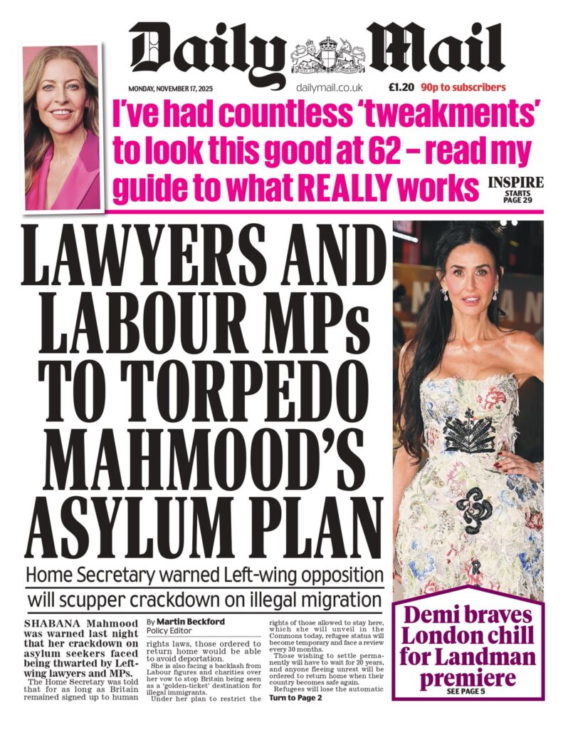 Daily Mail Front Page 17th of November 2025 - Tomorrow's Papers Today!