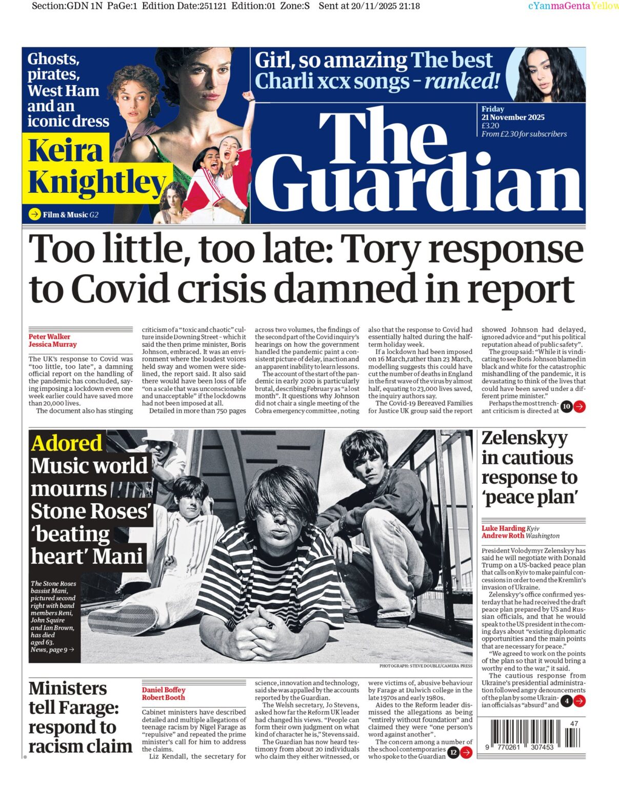 Guardian Front Page 21st of November 2025 - Tomorrow's Papers Today!