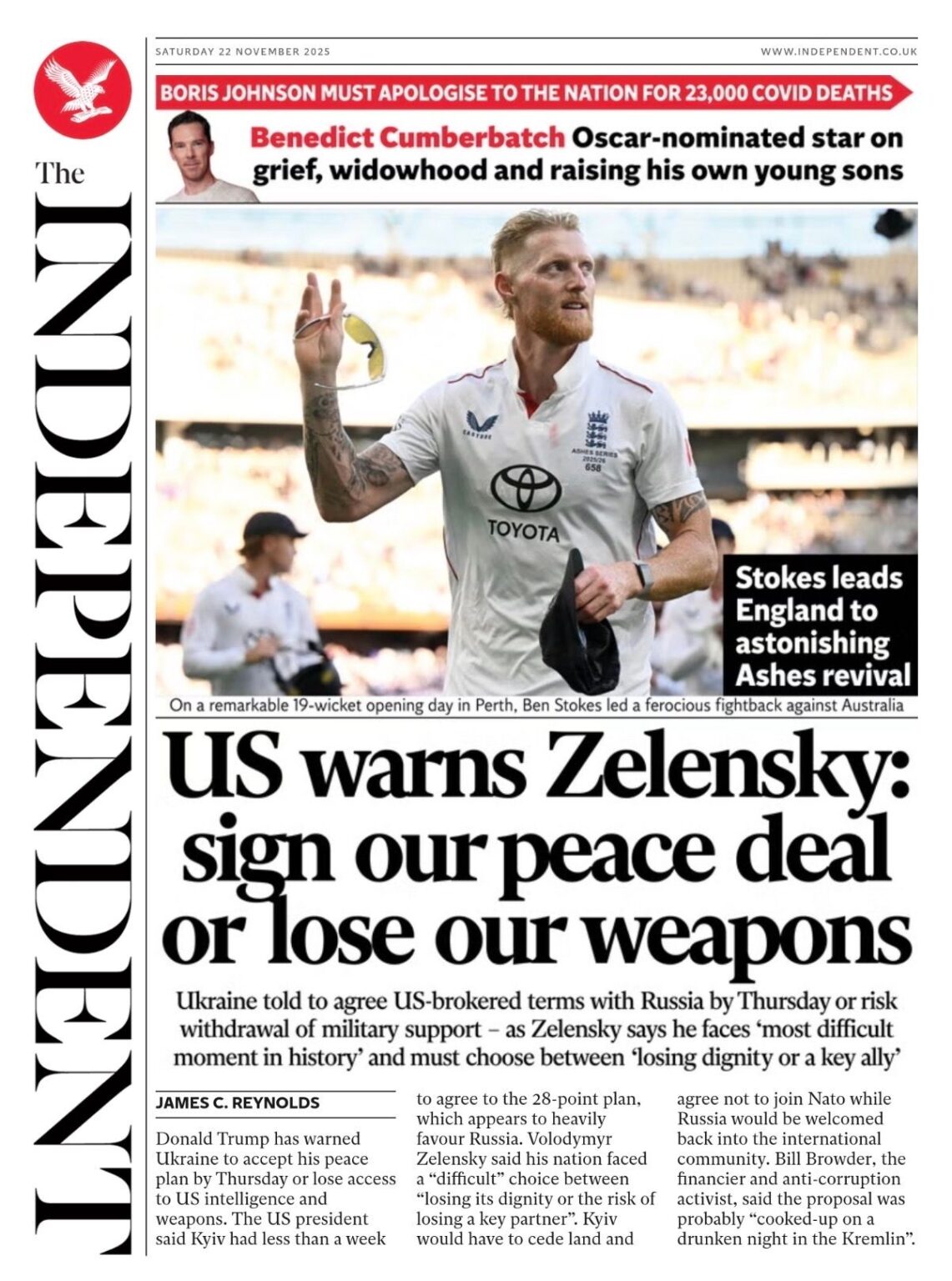 Independent Front Page 22nd of November 2025 - Tomorrow's Papers Today!