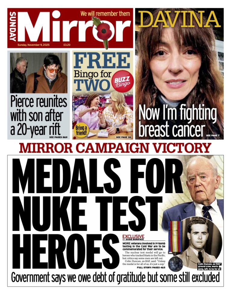 Sunday Mirror Front Page 9th of November 2025 - Tomorrow's Papers Today!