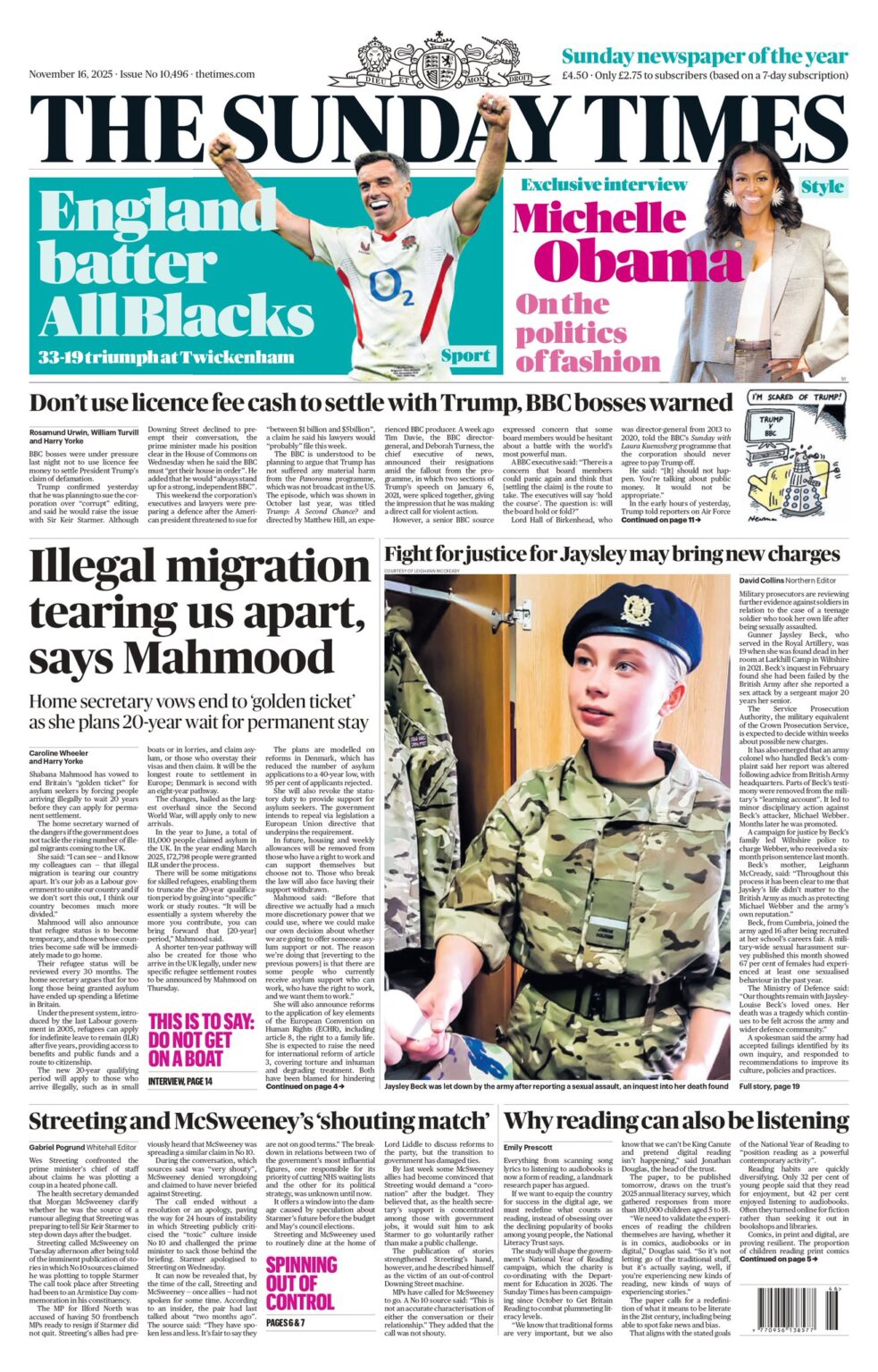 Sunday Times Front Page 16th of November 2025 - Tomorrow's Papers Today!