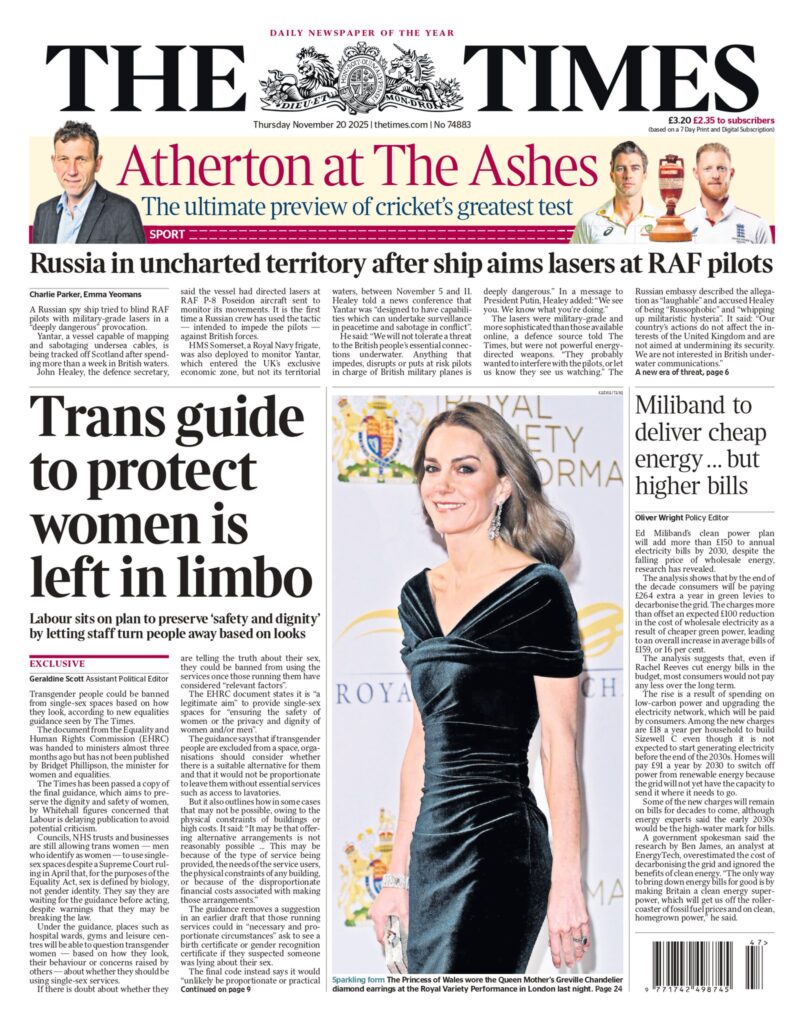 Times Front Page 20th of November 2025 - Tomorrow's Papers Today!