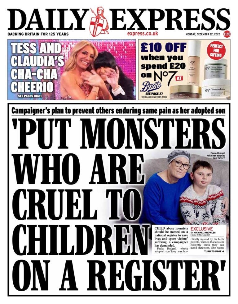 Daily Express Front Page 22nd of December 2025 - Tomorrow's Papers Today!