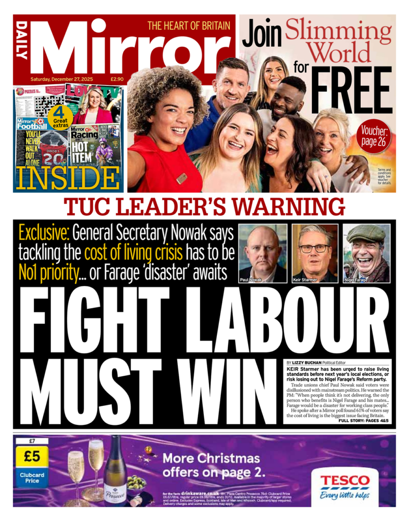 Daily Mirror Front Page 27th of December 2025 - Tomorrow's Papers Today!