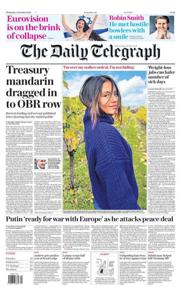 Daily Telegraph Front Page 3rd of December 2025 - Tomorrow's Papers Today!