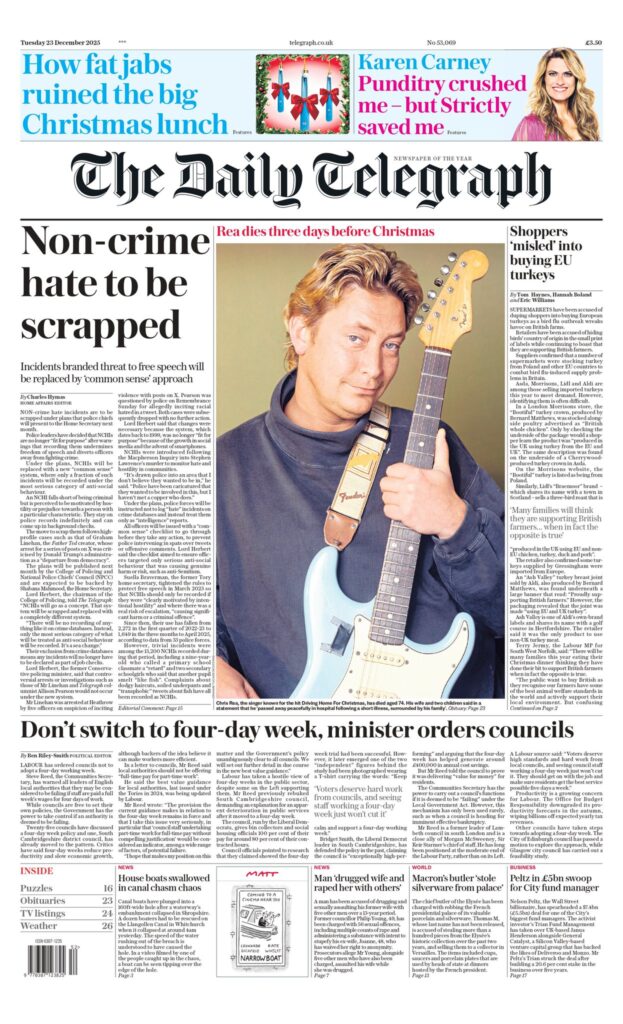 Daily Telegraph Front Page 23rd of December 2025 - Tomorrow's Papers Today!