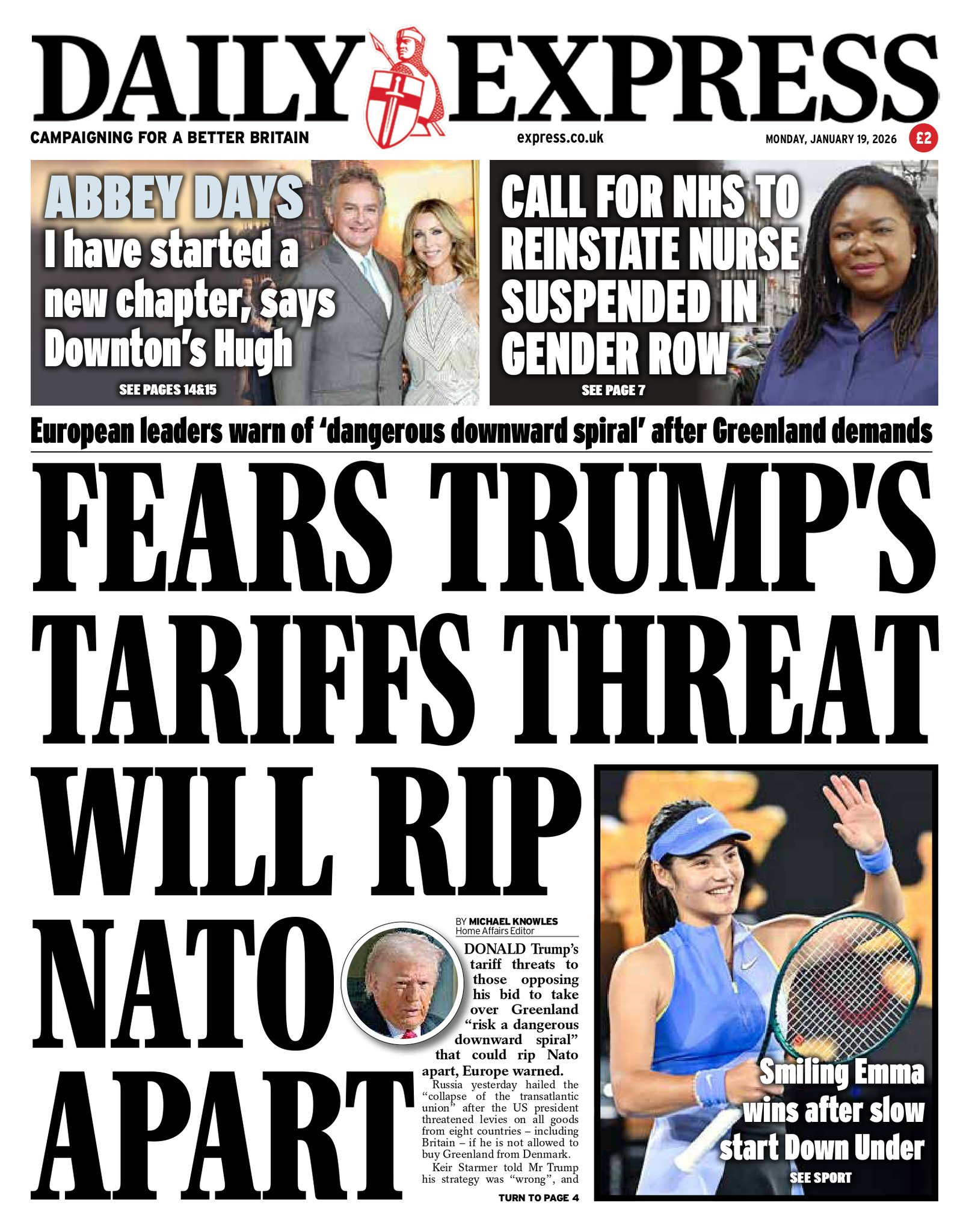Daily Express Front Page 19th of January 2026 - Tomorrow's Papers Today!