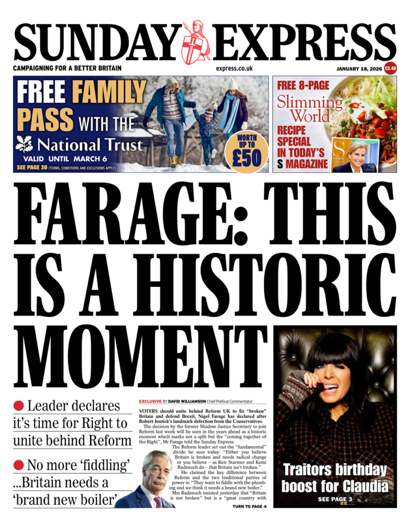 Daily Express Front Page 18th of January 2026 - Tomorrow's Papers Today!