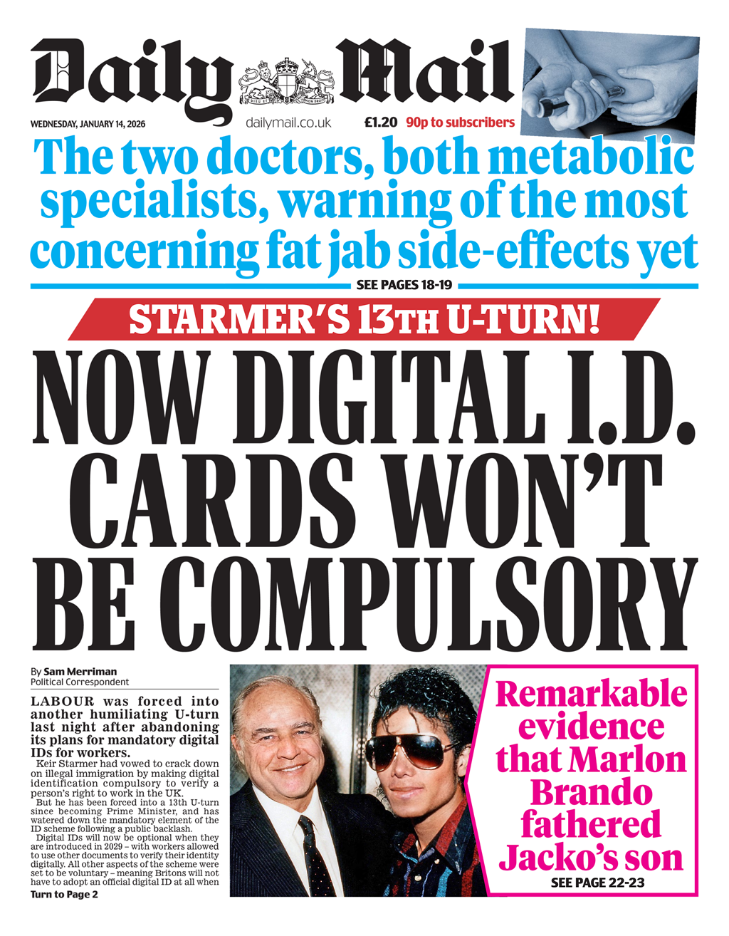 Daily Mail Front Page 14th of January 2026 - Tomorrow's Papers Today!