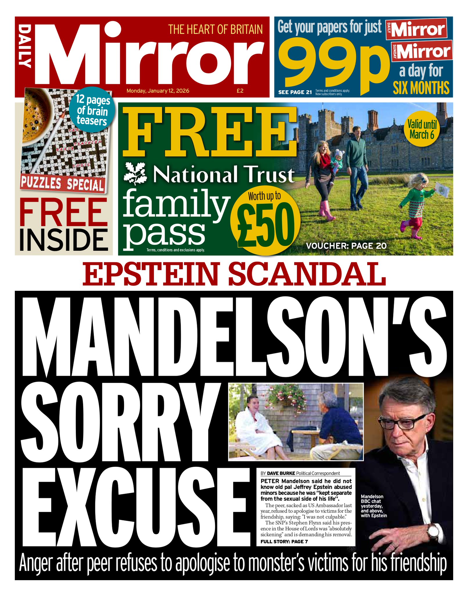 Daily Mirror Front Page 12th of January 2026 - Tomorrow's Papers Today!