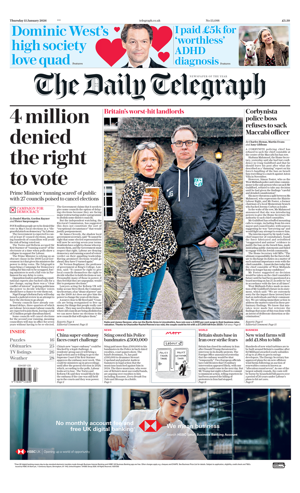Daily Telegraph Front Page 15th of January 2026 - Tomorrow's Papers Today!