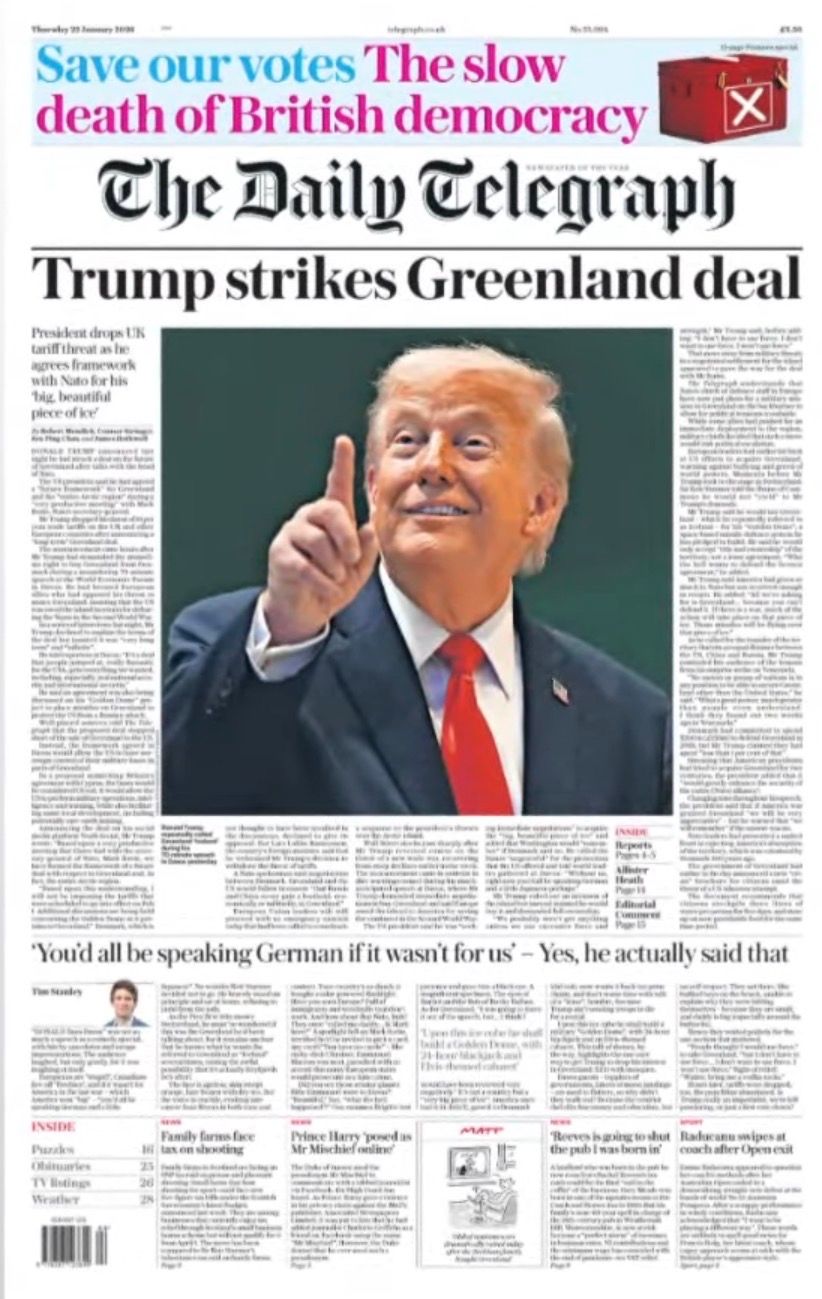Daily Telegraph Front Page 22nd of January 2026 - Tomorrow's Papers Today!