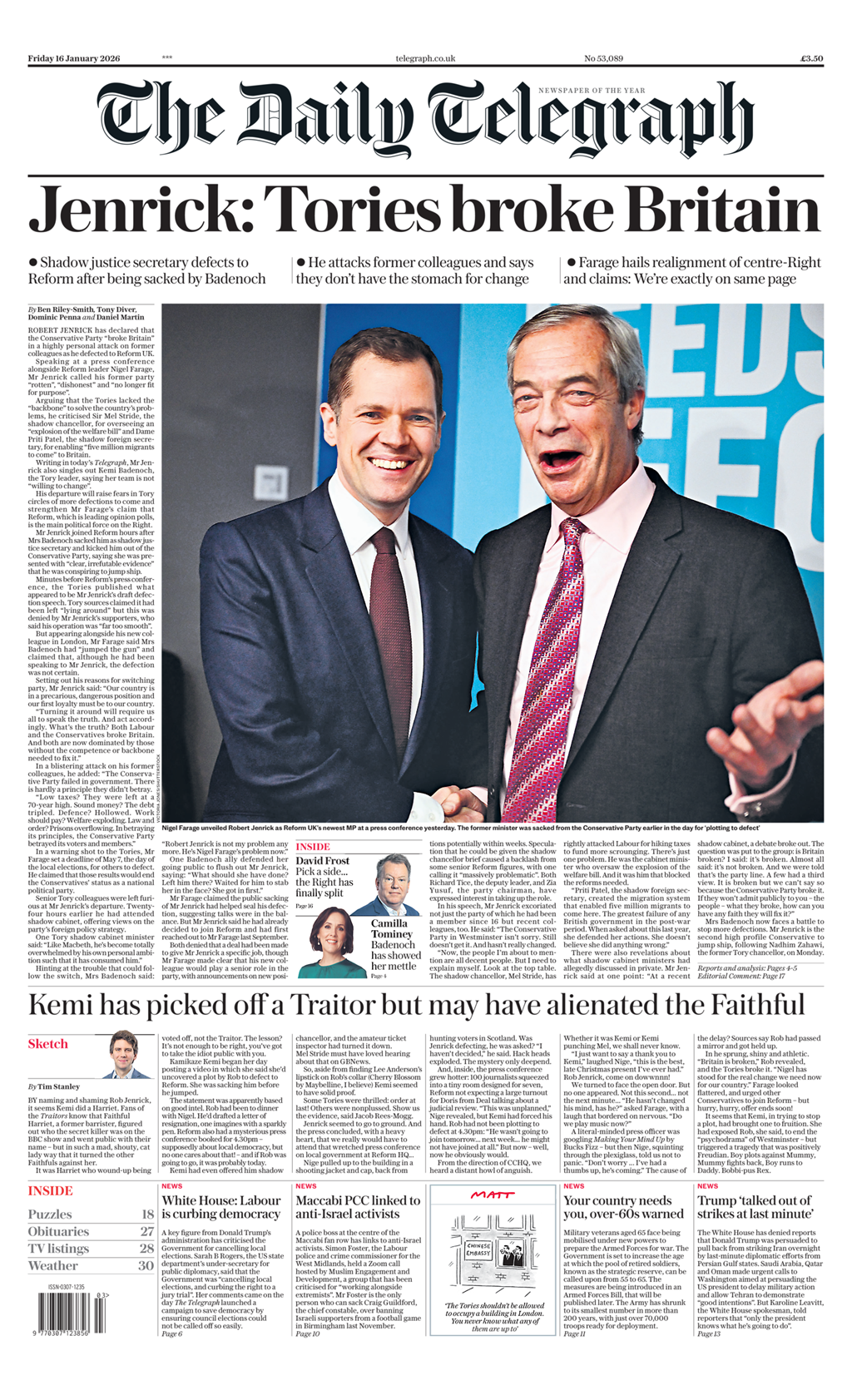 Daily Telegraph Front Page 16th of January 2026 - Tomorrow's Papers Today!