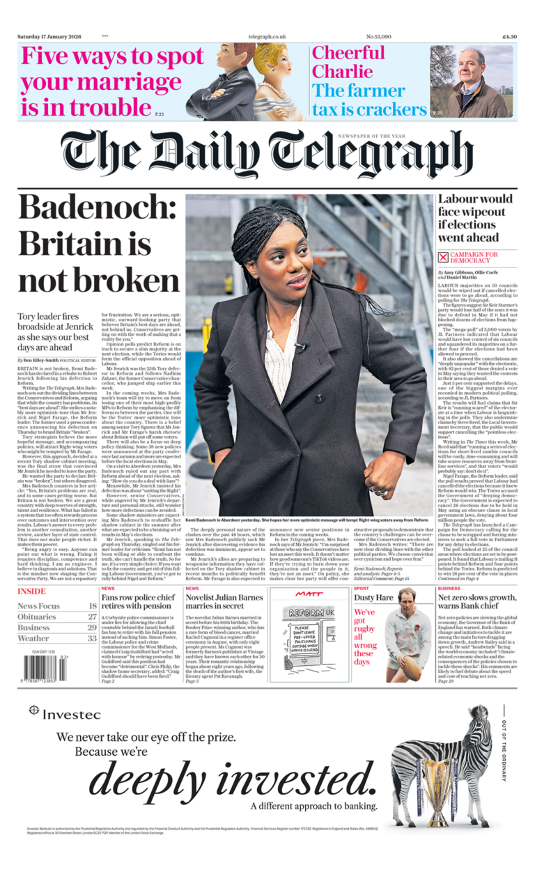 Daily Telegraph Front Page 17th of January 2026 - Tomorrow's Papers Today!