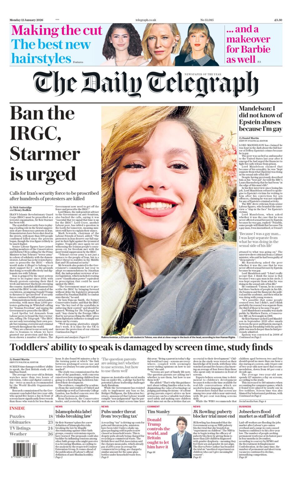 Daily Telegraph Front Page 12th of January 2026 - Tomorrow's Papers Today!