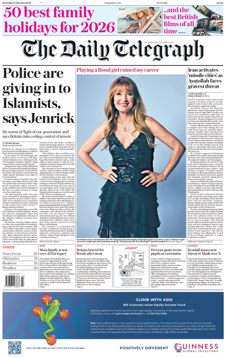 Daily Telegraph Front Page 10th of January 2026 - Tomorrow's Papers Today!