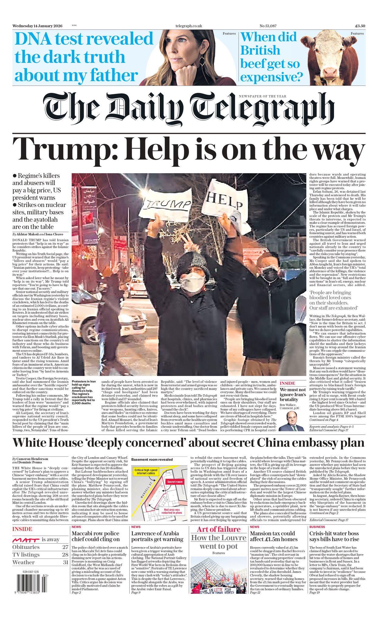 Daily Telegraph Front Page 14th of January 2026 - Tomorrow's Papers Today!