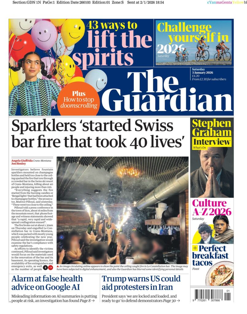 Guardian Front Page 3rd of January 2026 - Tomorrow's Papers Today!