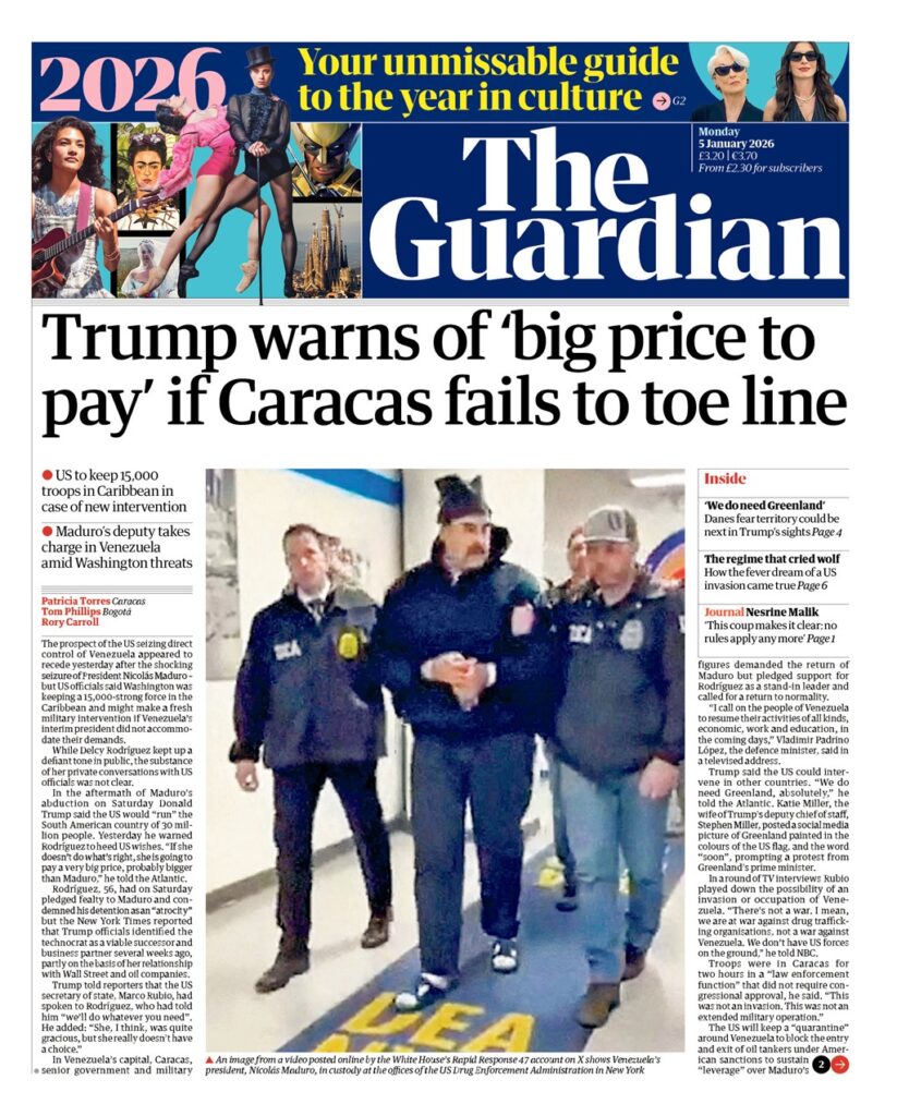 Guardian Front Page 5th of January 2026 - Tomorrow's Papers Today!