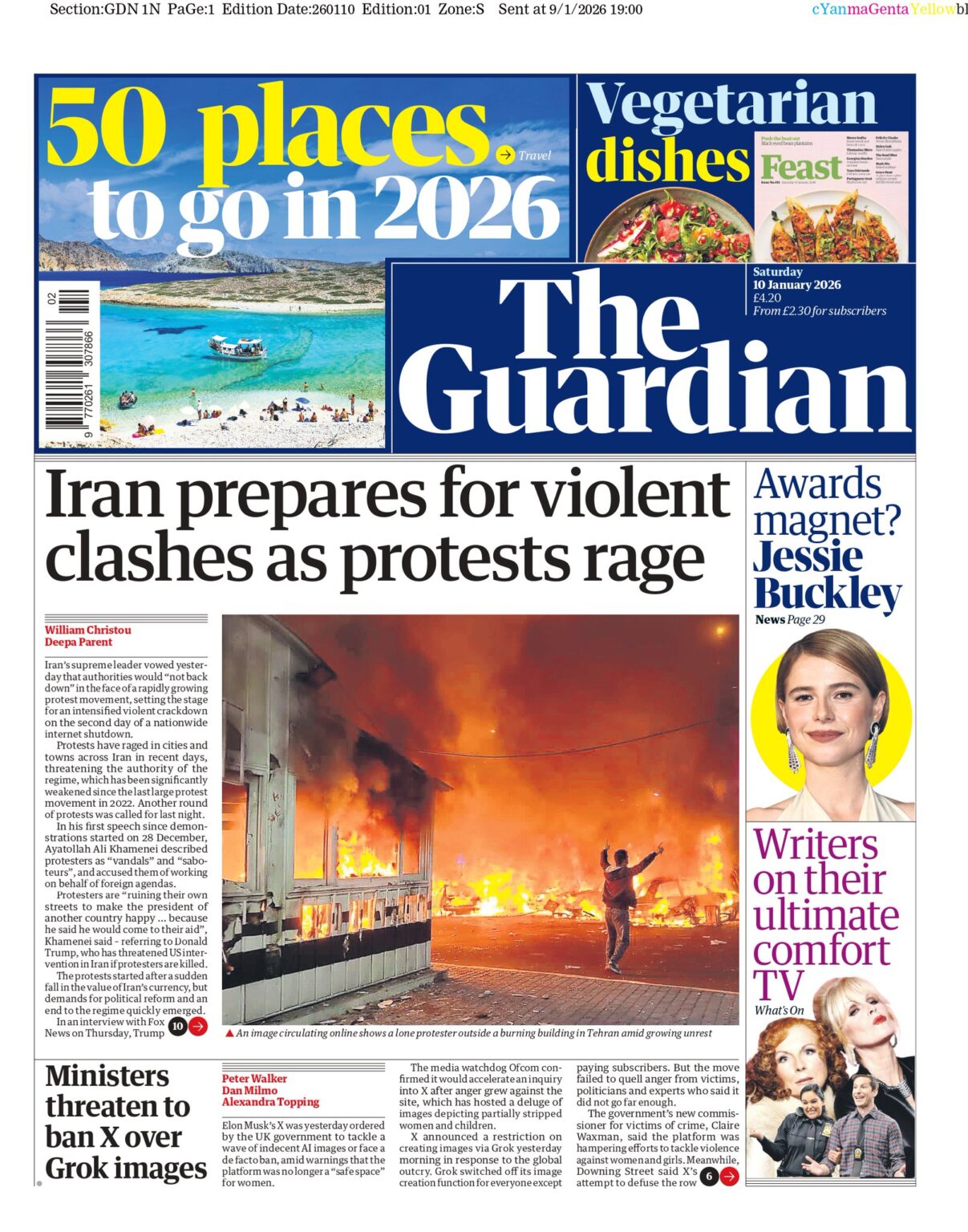 Guardian Front Page 10th of January 2026 - Tomorrow's Papers Today!