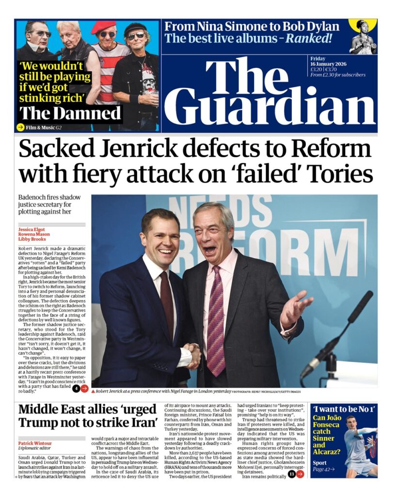 Guardian Front Page 16th of January 2026 - Tomorrow's Papers Today!