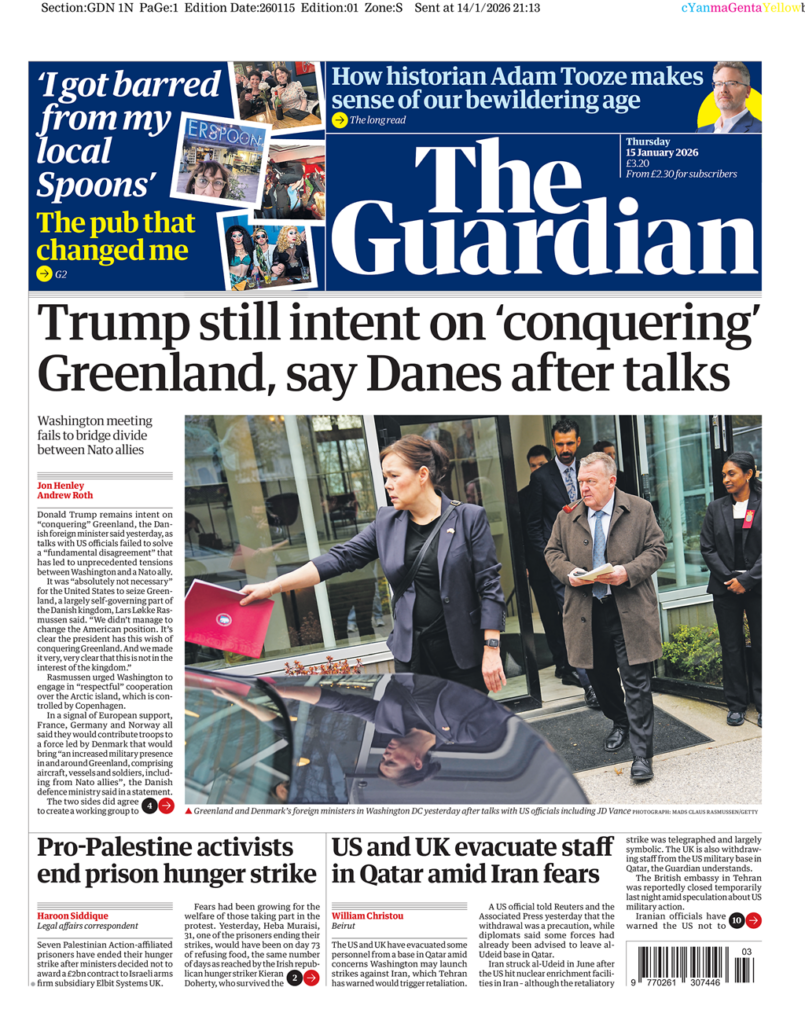 Guardian Front Page 15th of January 2026 - Tomorrow's Papers Today!