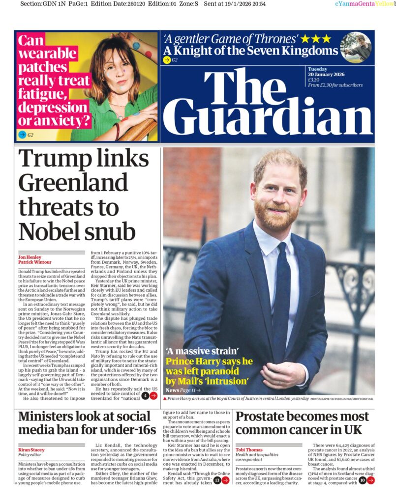 Guardian Front Page 20th of January 2026 - Tomorrow's Papers Today!