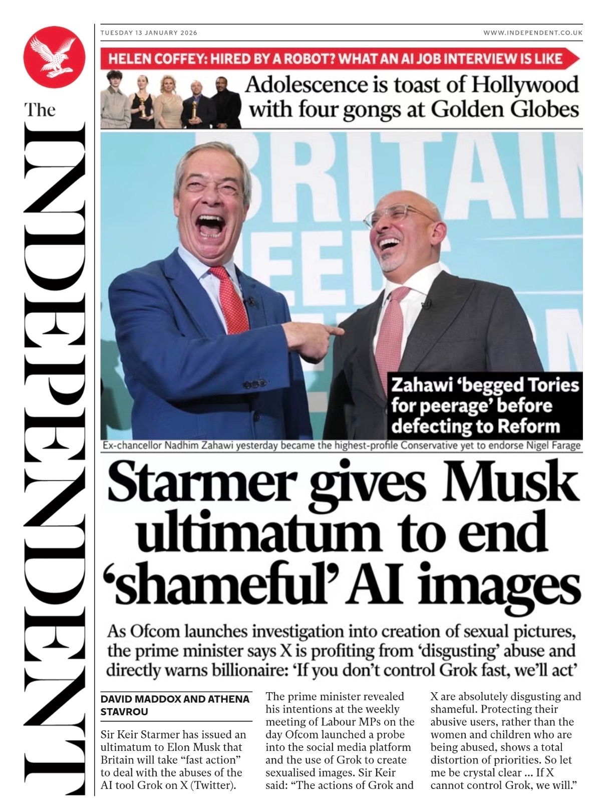 Independent Front Page 13th of January 2026 - Tomorrow's Papers Today!