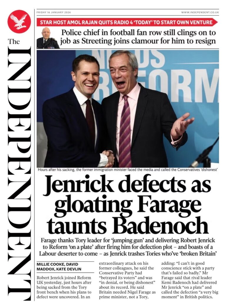 Independent Front Page 16th of January 2026 - Tomorrow's Papers Today!