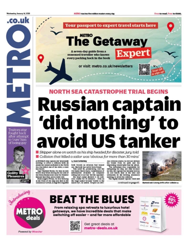 Metro Front Page 14th of January 2026 - Tomorrow's Papers Today!
