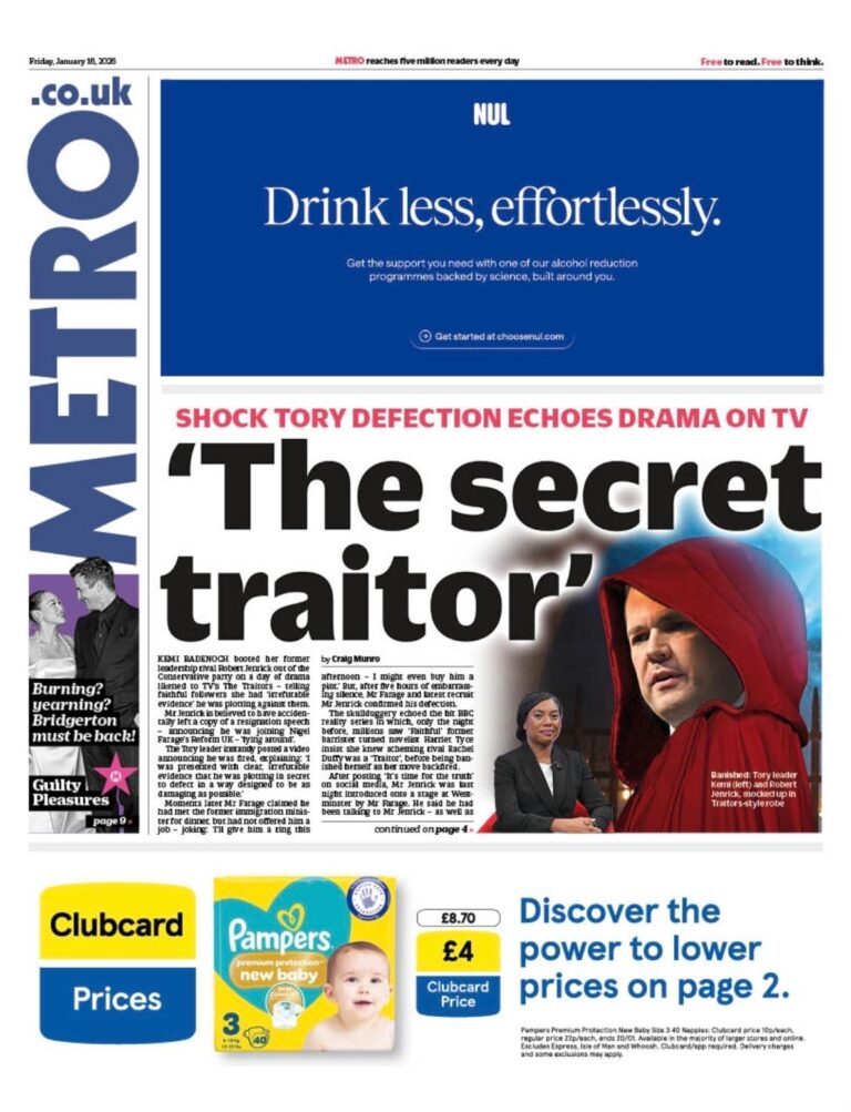 Metro Front Page 16th of January 2026 - Tomorrow's Papers Today!