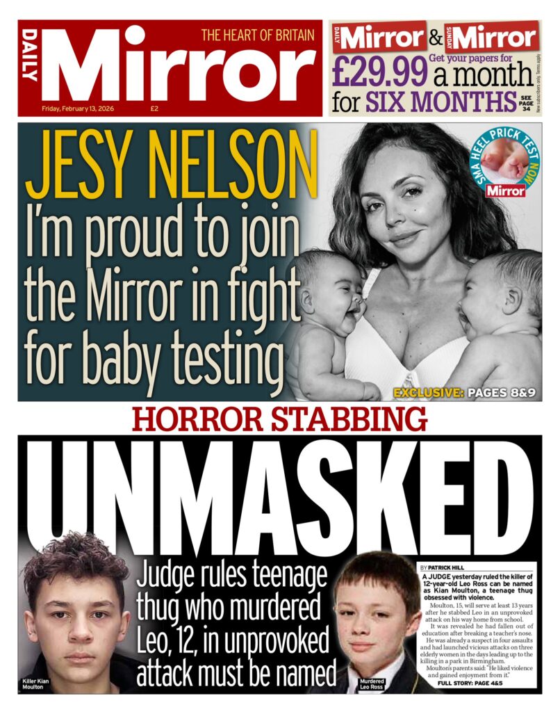 Daily Mirror Front Page 13th of February 2026 - Tomorrow's Papers Today!